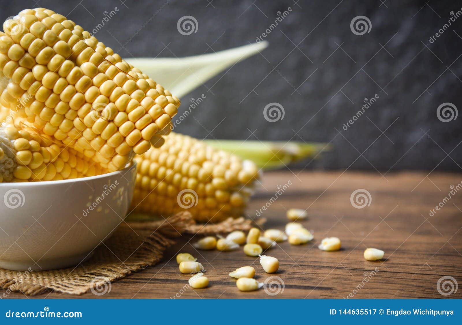 Fresh Corn on Sack and Sweet Corn Seed Rustic Wooden Table Background ...