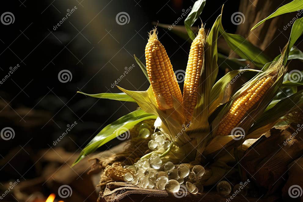 Fresh Corn Spike with Corn Grains and Corn Grains on a Dark Back Stock ...