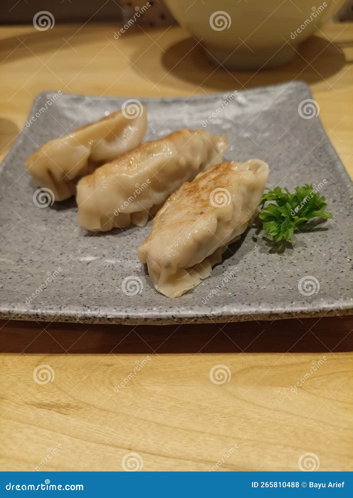 Fresh Crispy Japanese Gyoza on a Grey Plate Stock Photo - Image of ...