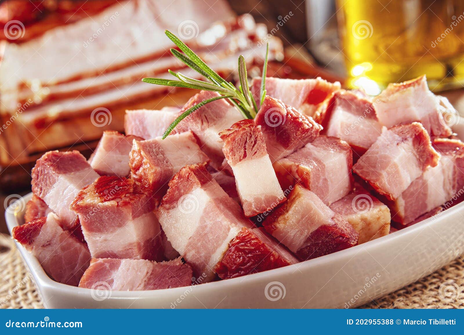 Fresh Cubes of Bacon with Rosemary Branch Stock Photo - Image of ...