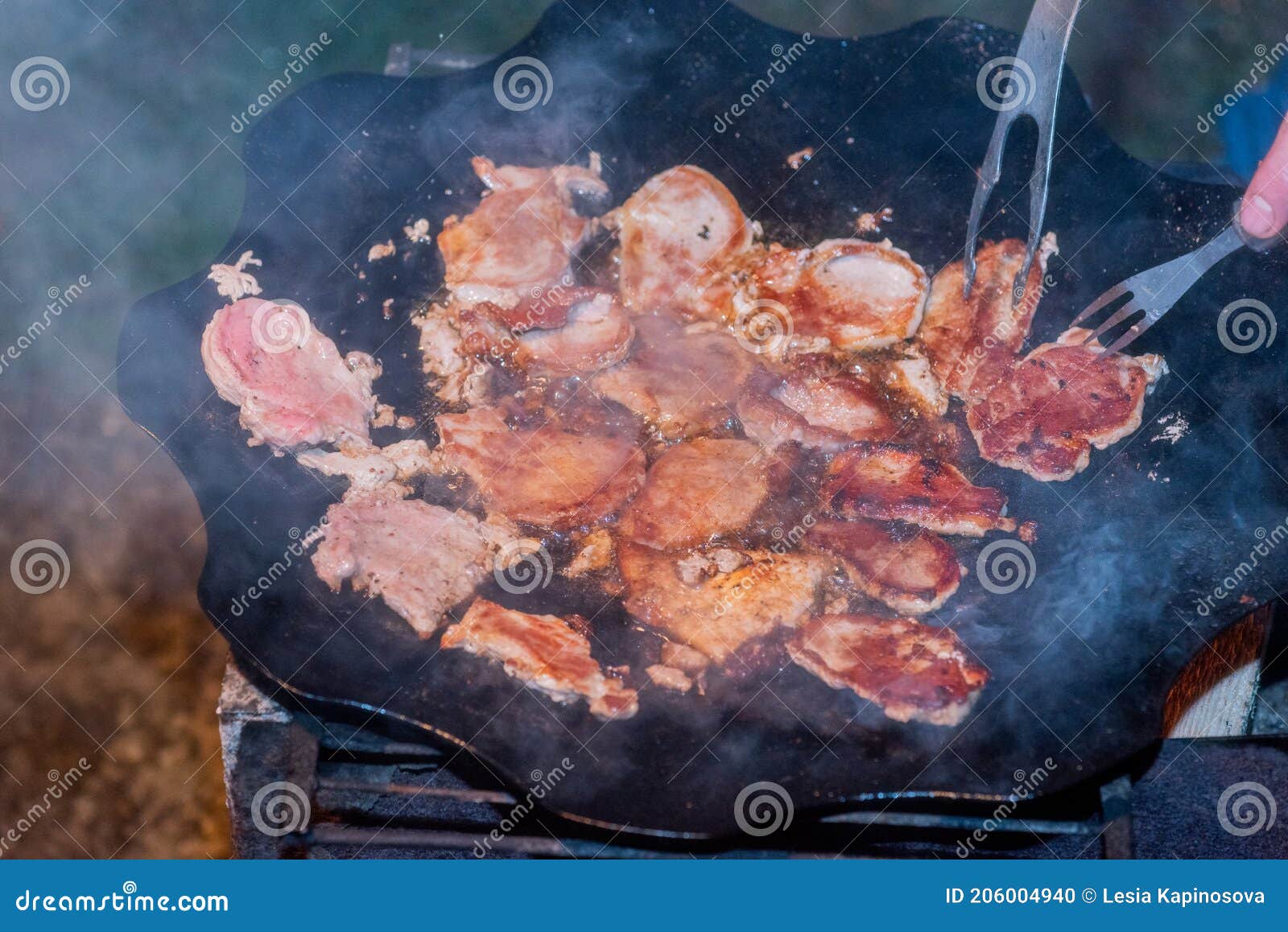 Fresh Cut Bacon Being Cooked Over a Campfire Stock Photo - Image of ...