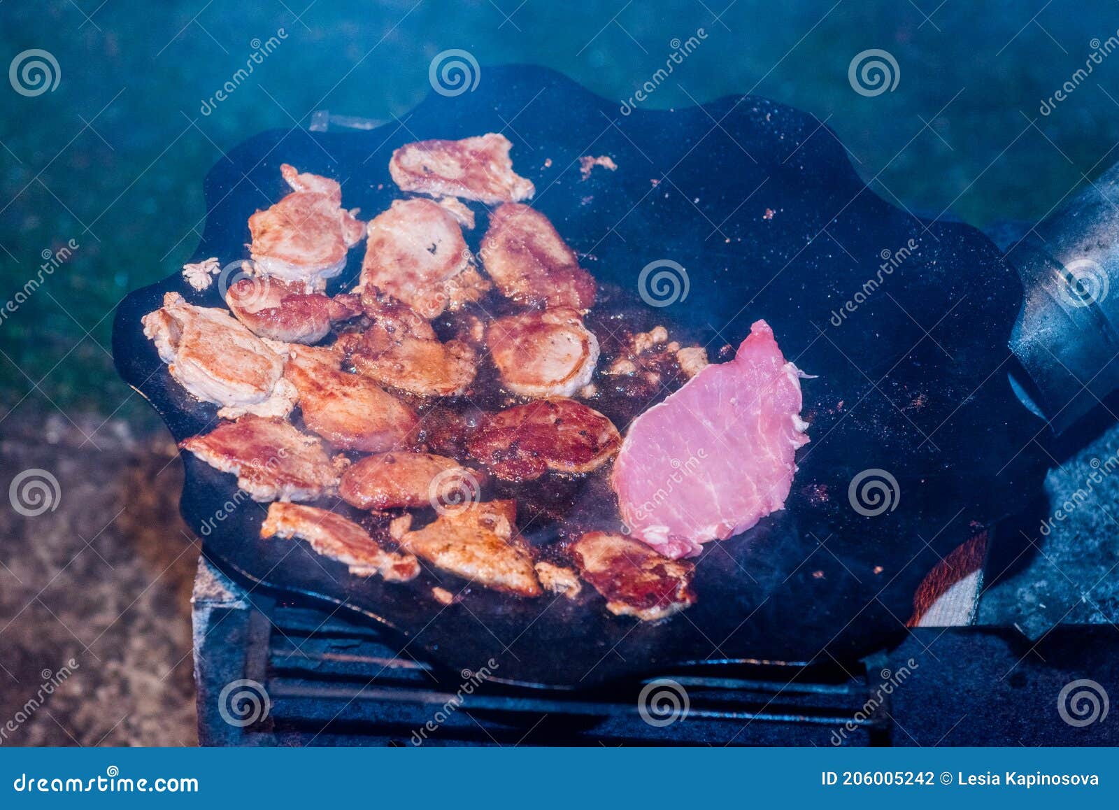 Fresh Cut Bacon Being Cooked Over a Campfire Stock Photo - Image of ...