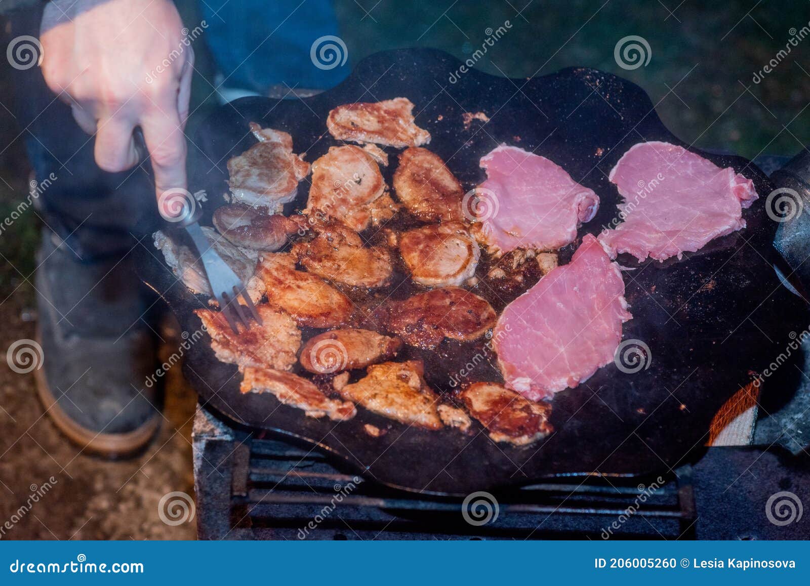 Fresh Cut Bacon Being Cooked Over a Campfire Stock Photo - Image of ...