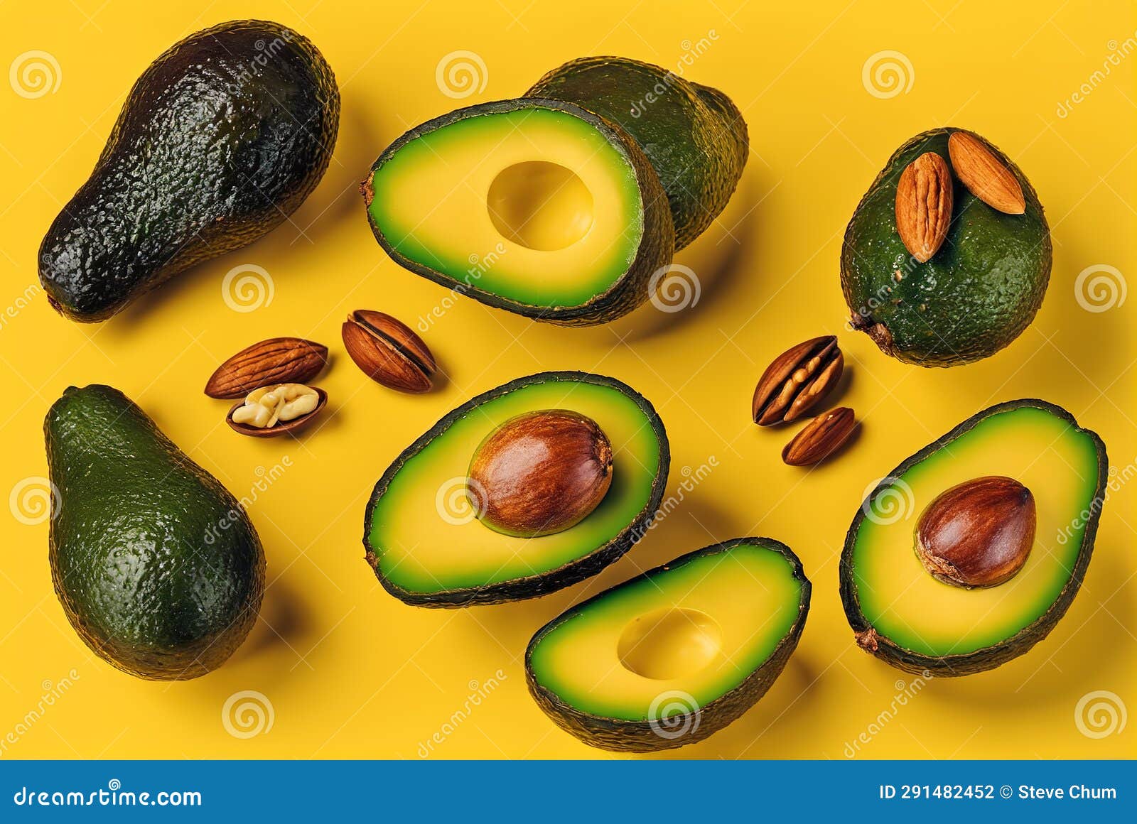 Fresh Delicate Avocado Slices on Yellow Background Stock Illustration ...