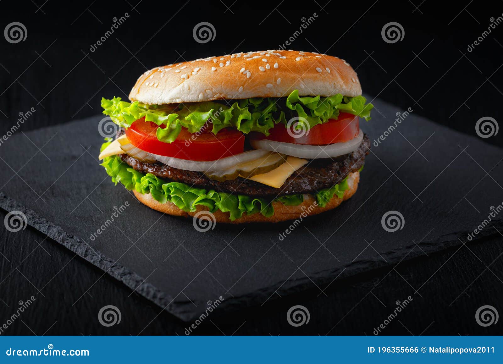 Fresh Delicious Burger on Black Background Stock Photo - Image of fresh ...