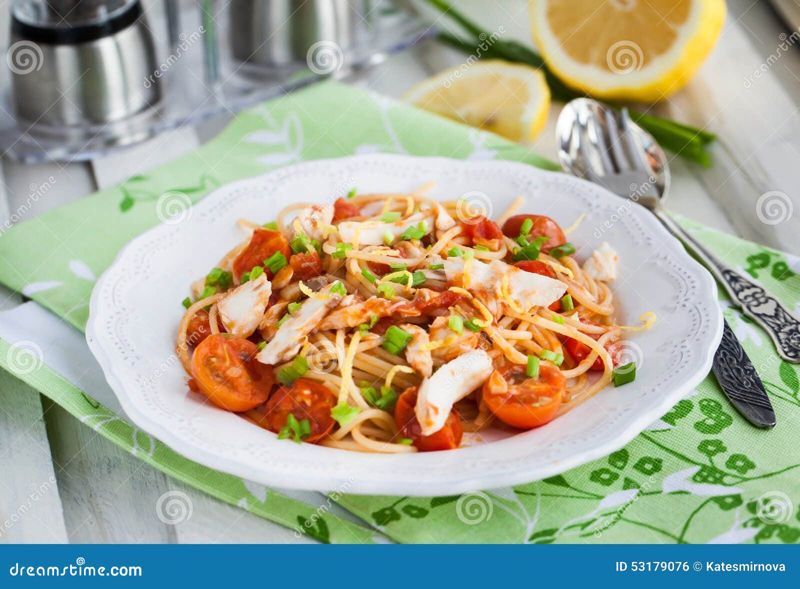 Fresh Delicious Pasta with Fish and Tomato Sauce Stock Photo - Image of ...