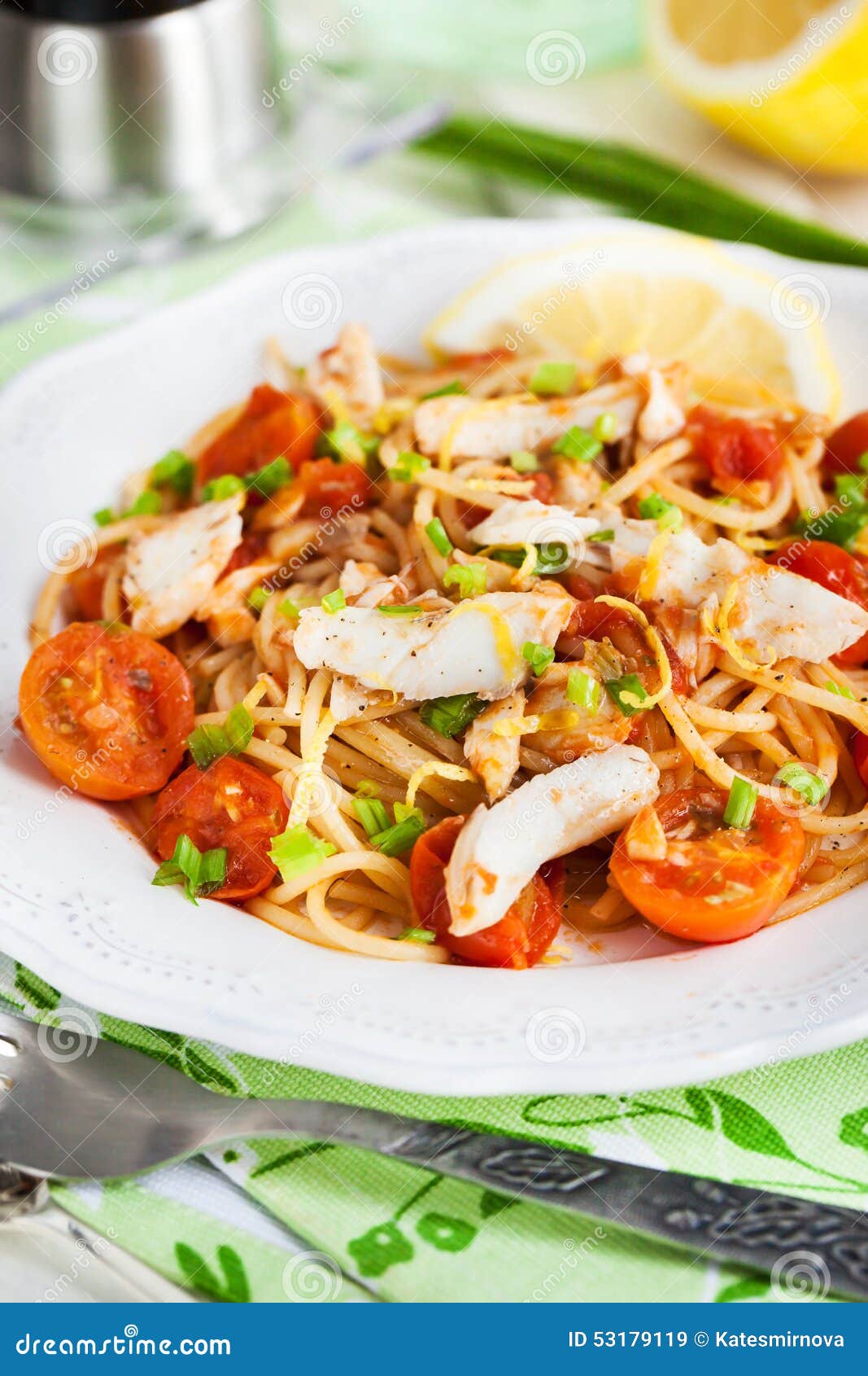 Fresh Delicious Pasta with Fish and Tomato Sauce Stock Image - Image of ...