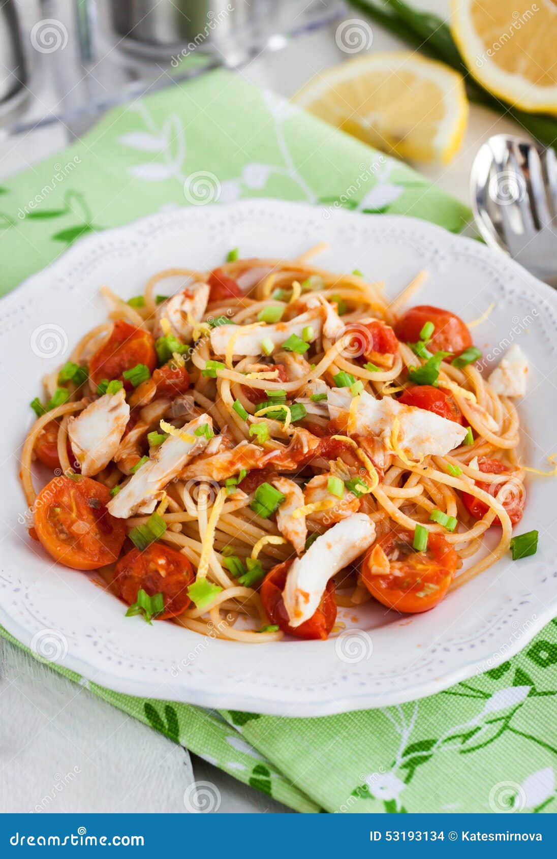 Fresh Delicious Pasta with Fish and Tomato Sauce Stock Photo - Image of ...