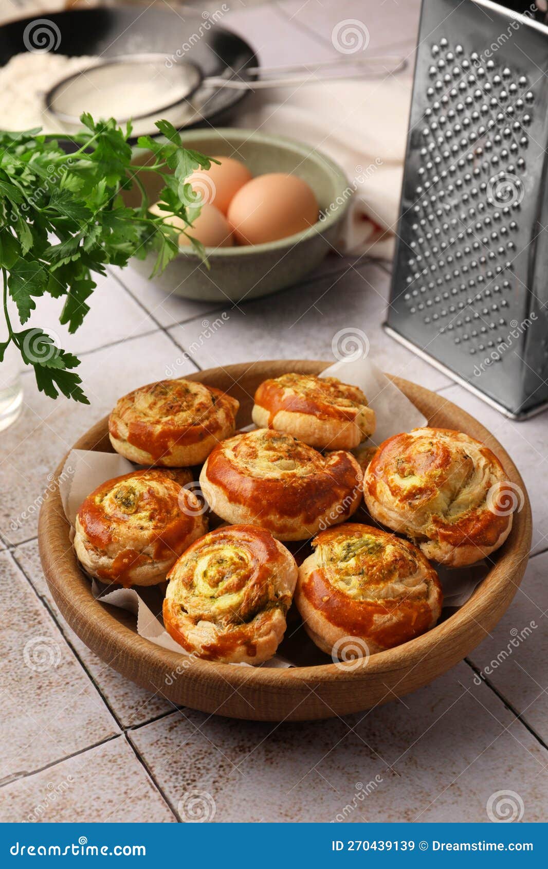 Fresh Delicious Puff Pastry and Ingredients on White Tiled Surface ...