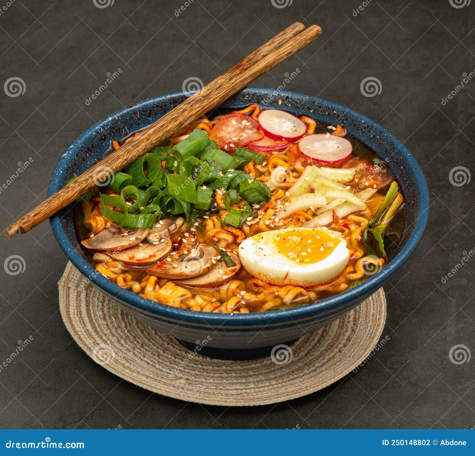 Ramen Soup with Egg, Spring Onion and Vegetables Stock Photo - Image of ...