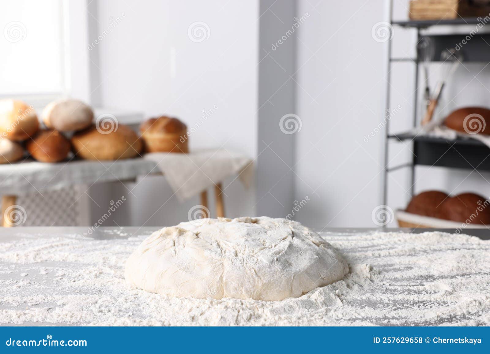 Fresh Dough with Flour on Table in Kitchen Stock Photo - Image of ...