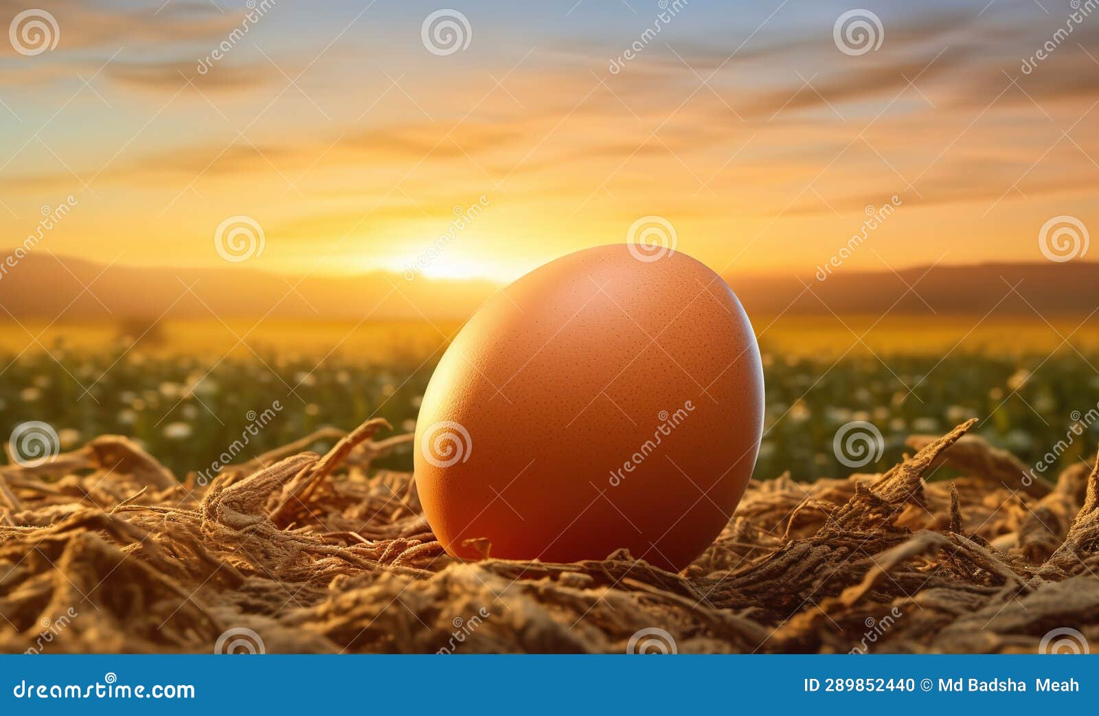 Fresh Egg Close-Up Against a Sunrise Farm Backdrop Stock Illustration ...