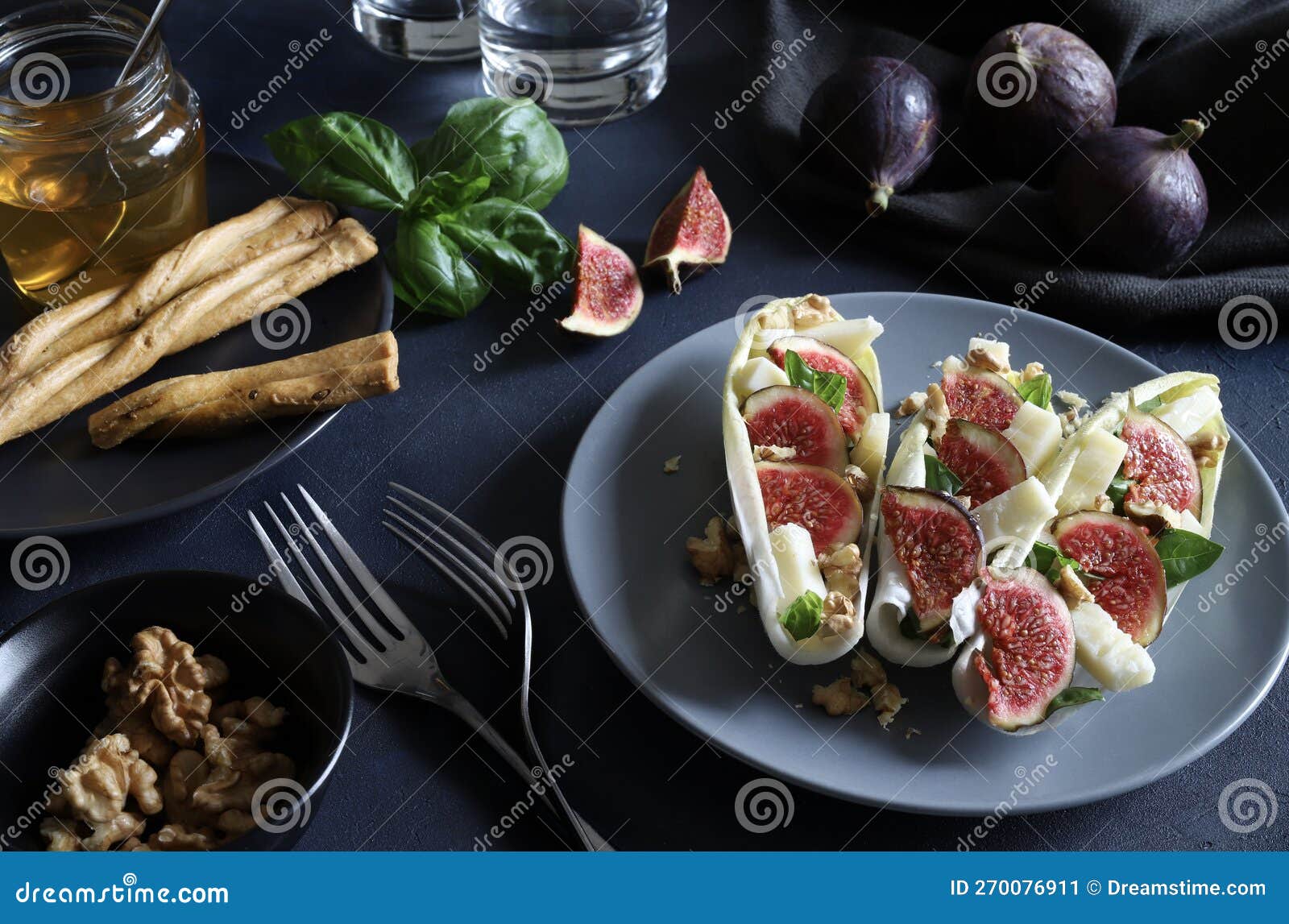 Fresh Fig Appetizer with Endive, Nuts and Cheese. Stock Image - Image ...