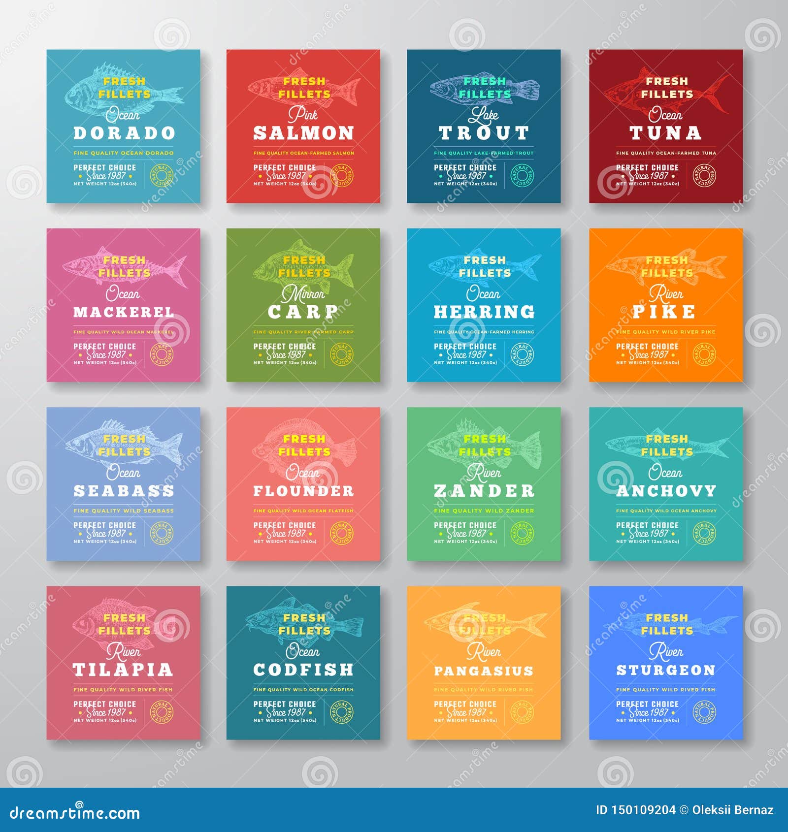 Fresh Fillets Premium Quality Labels Big Set. Abstract Vector Fish ...