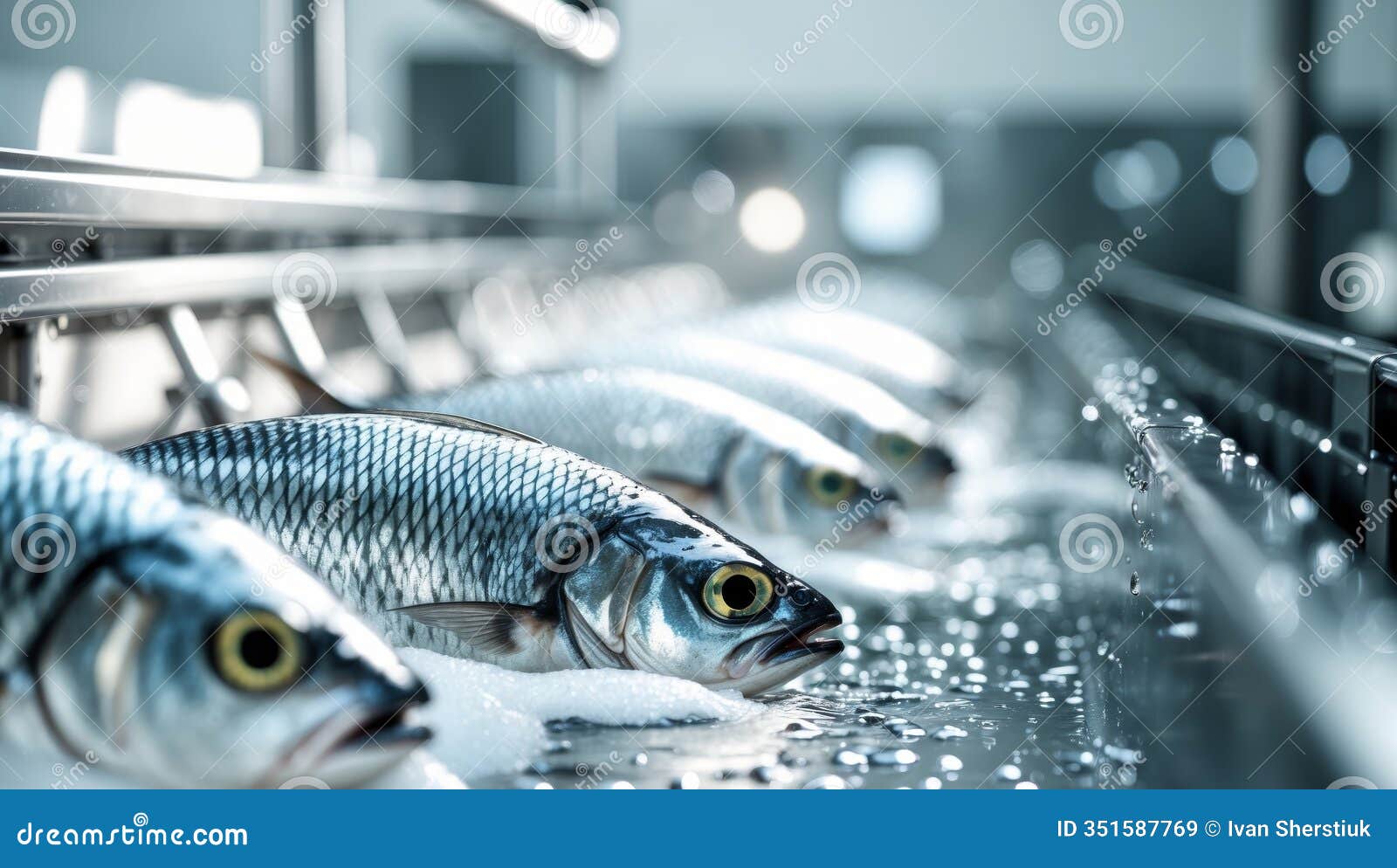 Fresh Fish Being Washed on an Industrial Cleaning Line Stock Image ...