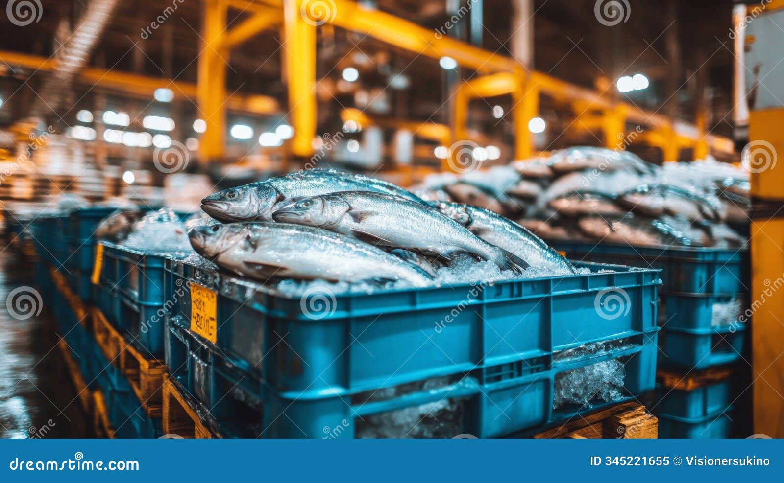 Fresh Fish in Blue Crates at a Seafood Processing Facility Stock Image ...