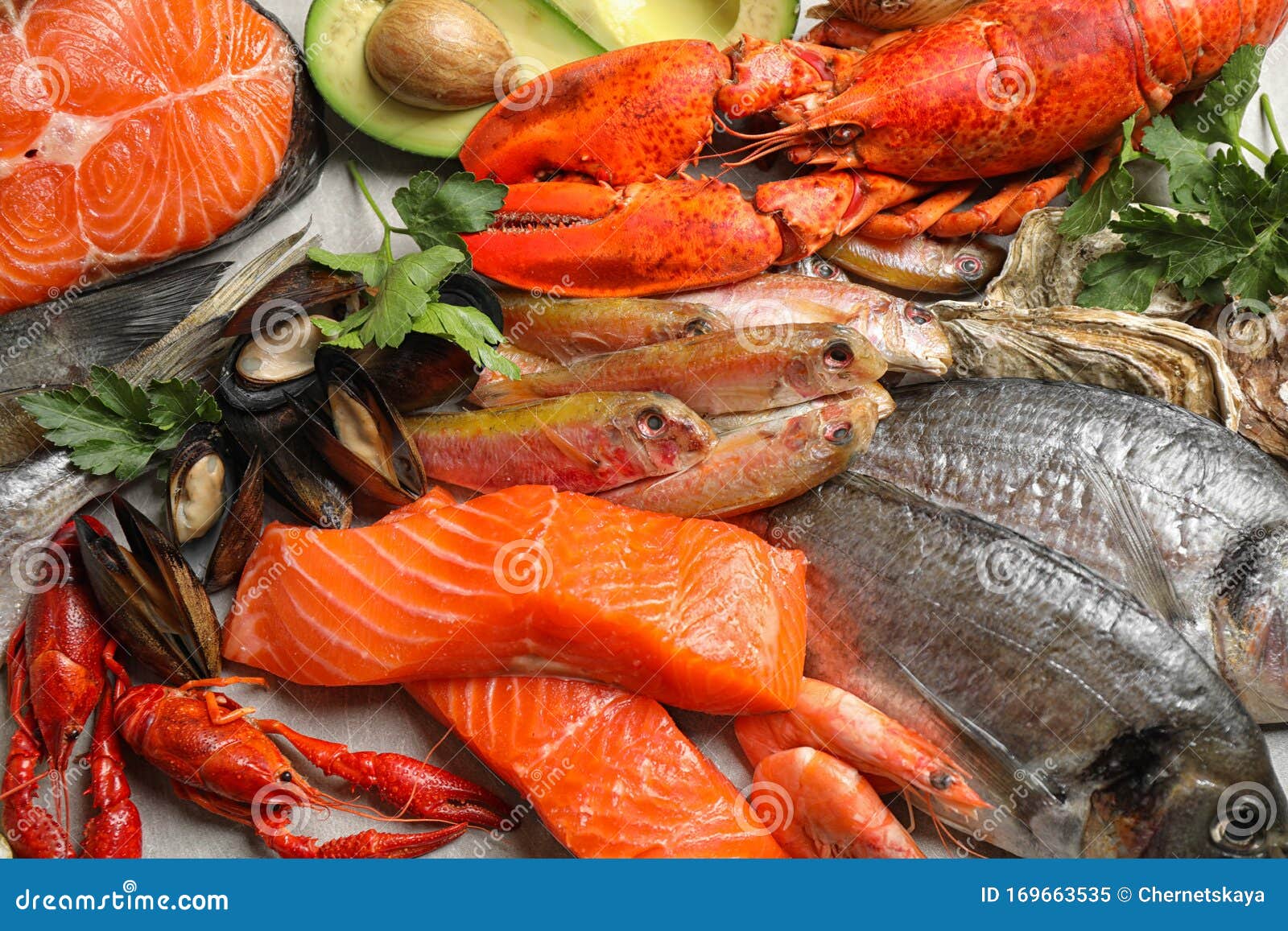 Fresh Fish and Different Seafood Stock Image - Image of fish, steak ...