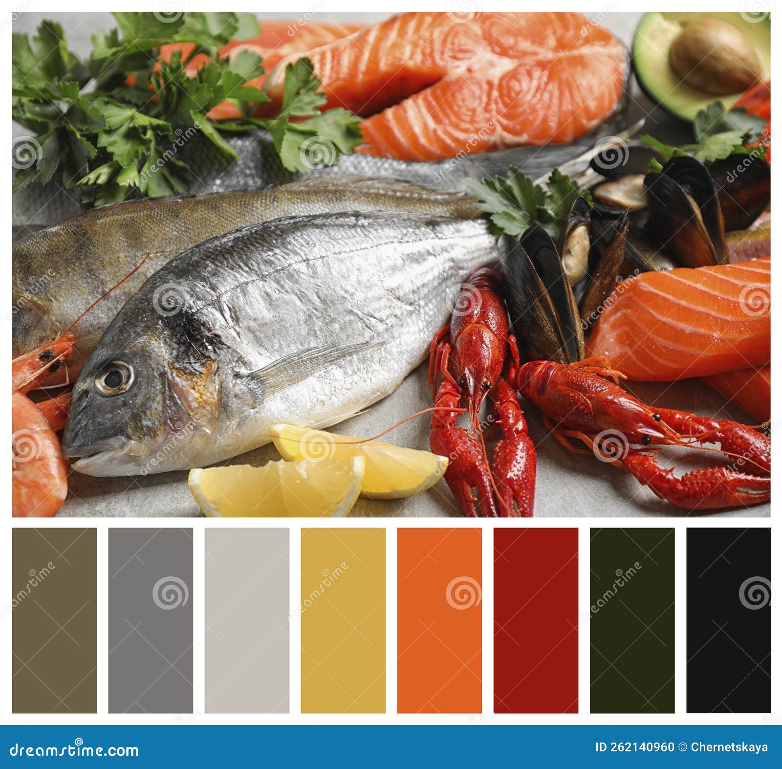 Fresh Fish and Different Seafood on Light Grey Table and Color Palette ...