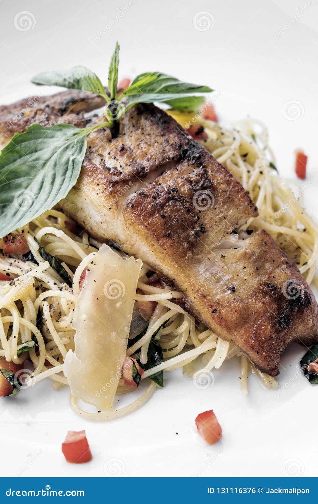 Fresh Fish Fillet on Mixed Vegetable and Parmesan Spaghetti Past Stock ...