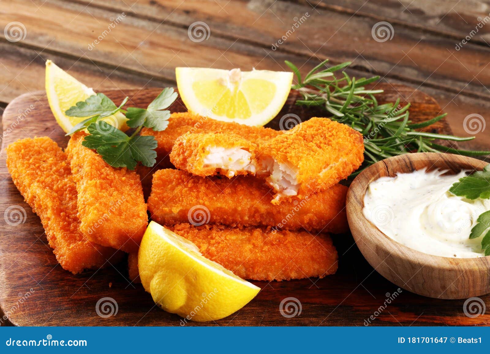 Fresh Fish Fingers With Remoulade Sauce. Breaded Fish Fingers With ...