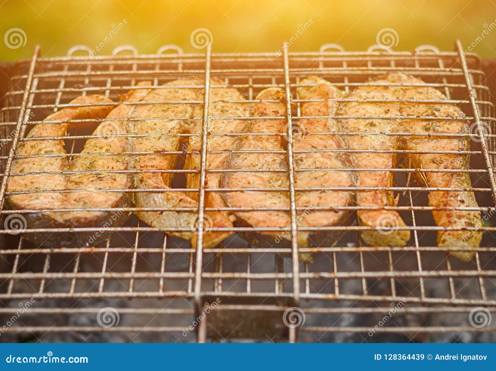 Fresh Fish on Grilling Sticks. Fried Salmon. Turkey Stock Image - Image ...