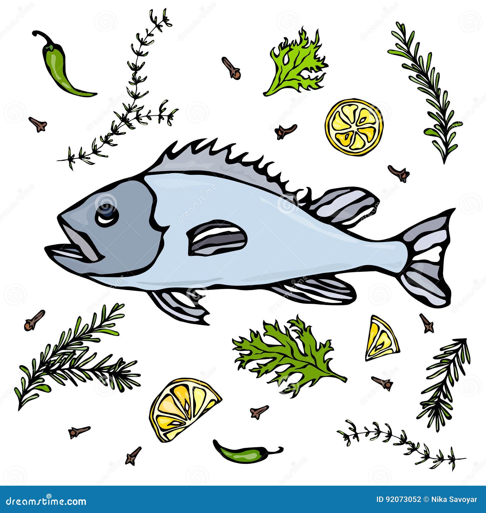 Fresh Fish with Herbs Spices and Lemon. Vector Seafood Realistic ...