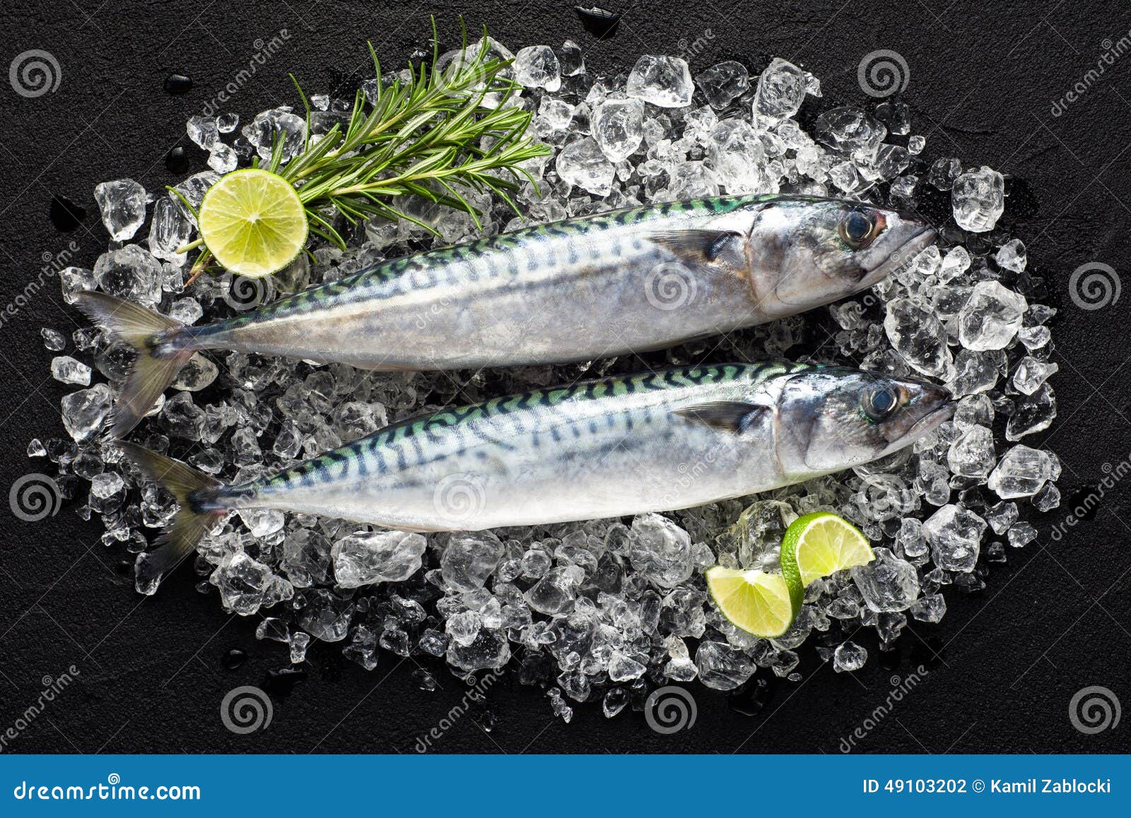 Fresh Fish on Ice on a Black Stone Table Stock Photo - Image of ...