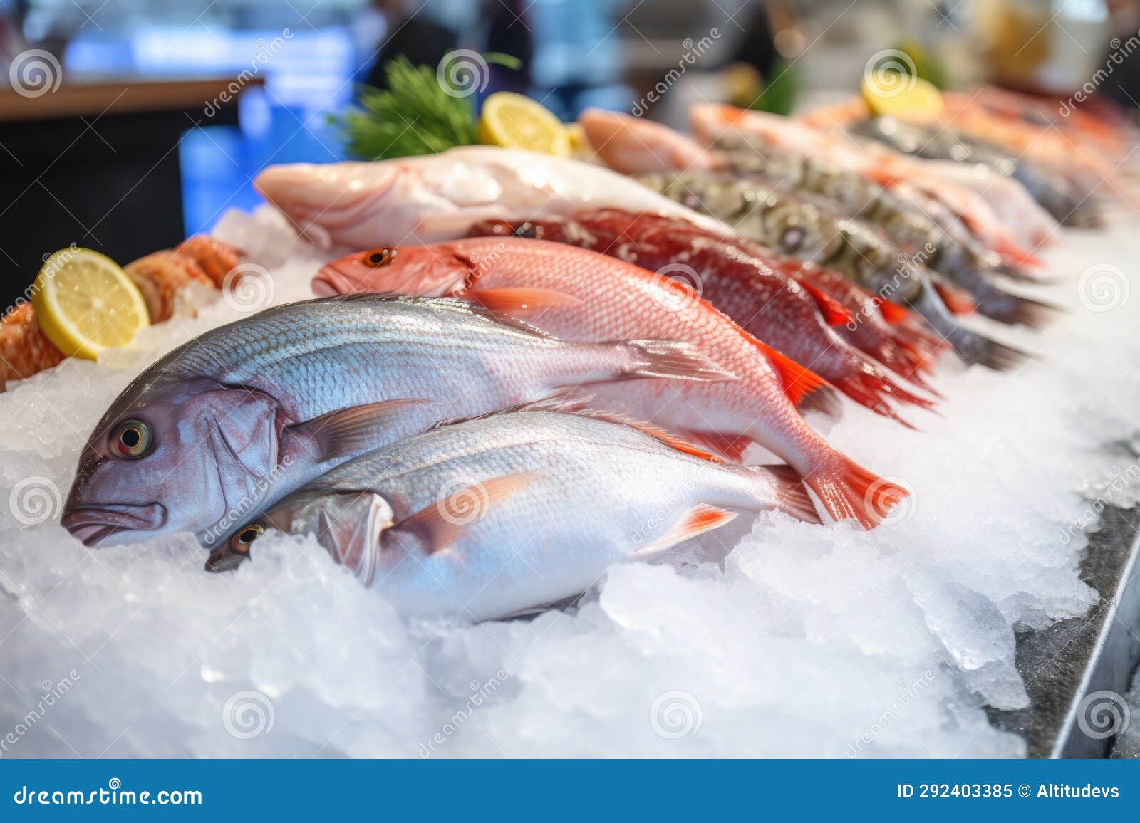Fresh Fish on Ice with Tags Indicating Dietary Values Stock Image ...