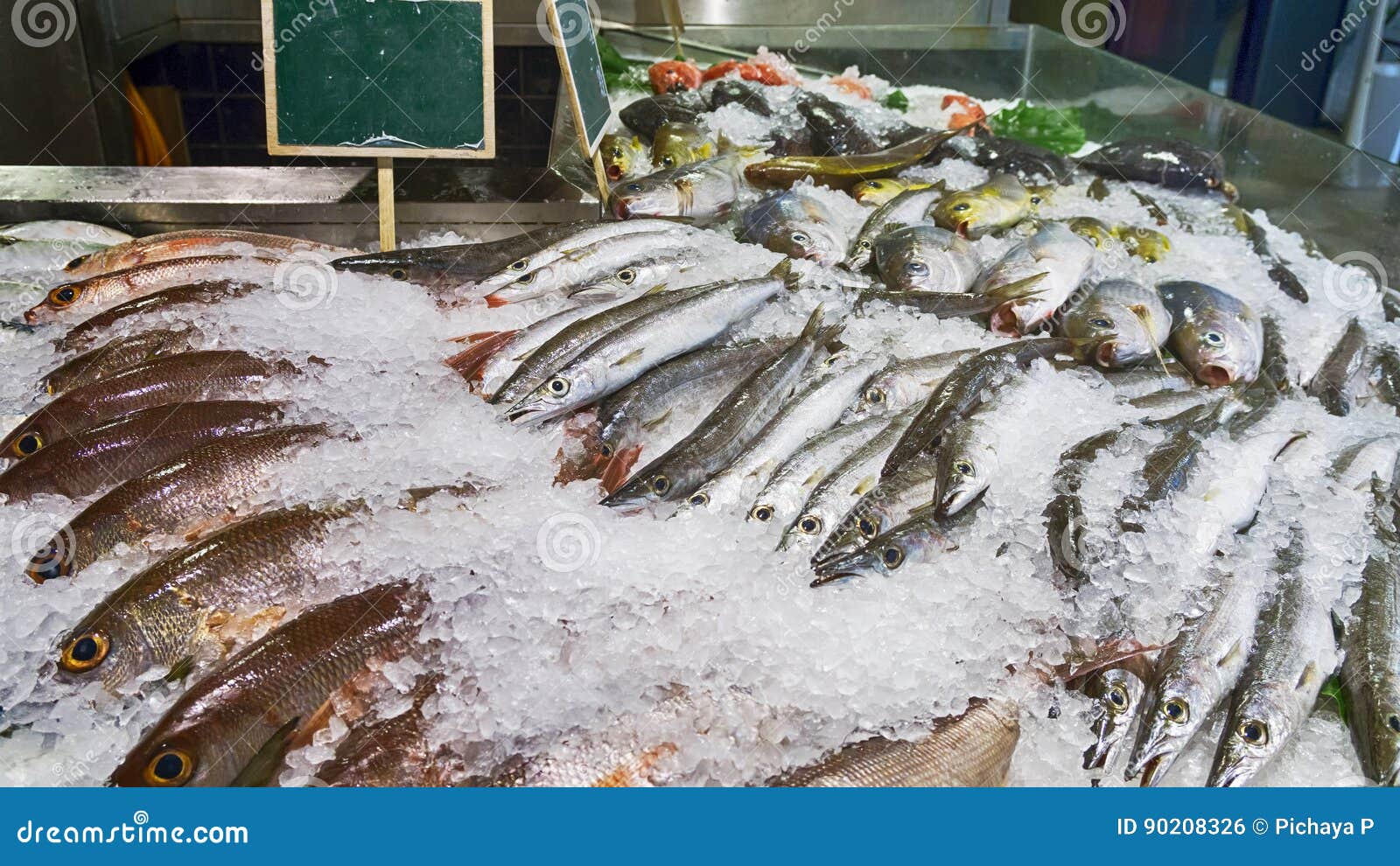 Fresh Fish Place on the White Ice in the Market. Stock Photo - Image of ...