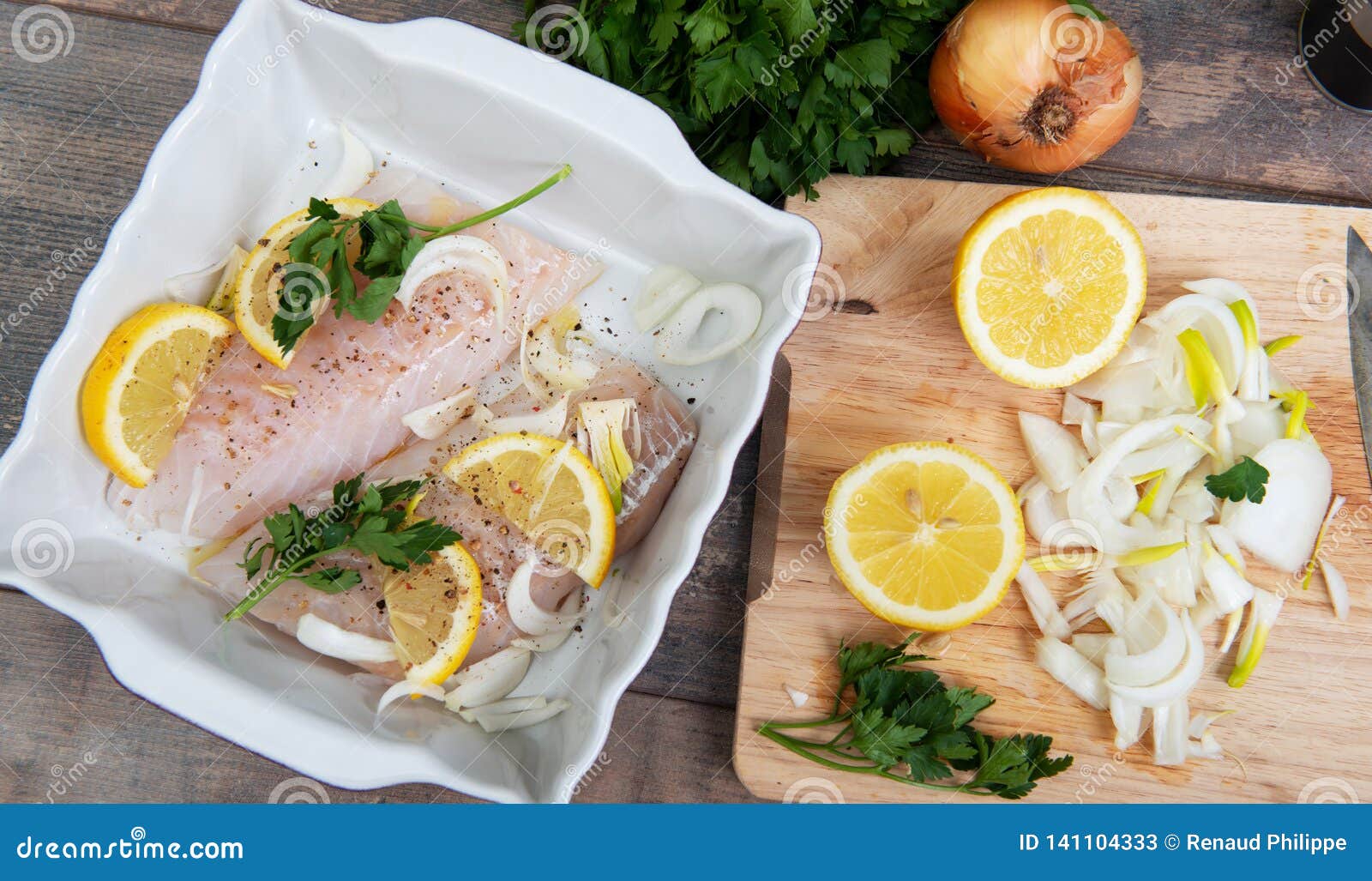 Fresh Fish, Raw Cod Fillets with Addition of Herbs and Lemon Stock ...
