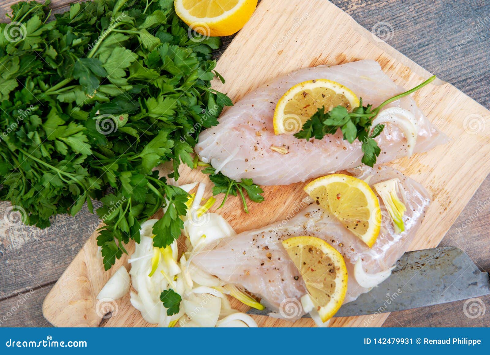 Fresh Fish, Raw Cod Fillets with Addition of Herbs and Lemon Stock ...
