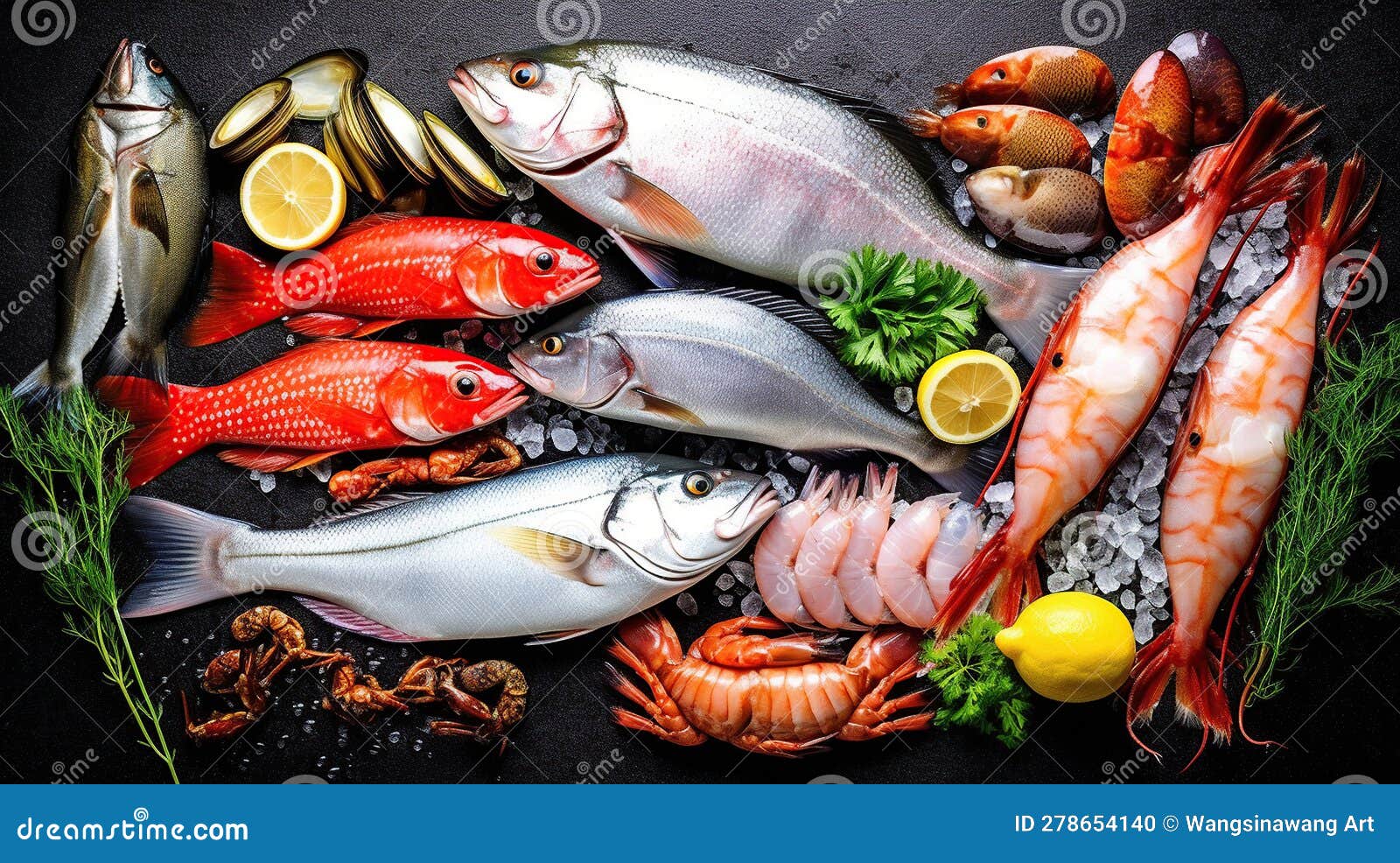 Fresh Fish and Seafood Assortment AI Generated Image Stock Illustration ...