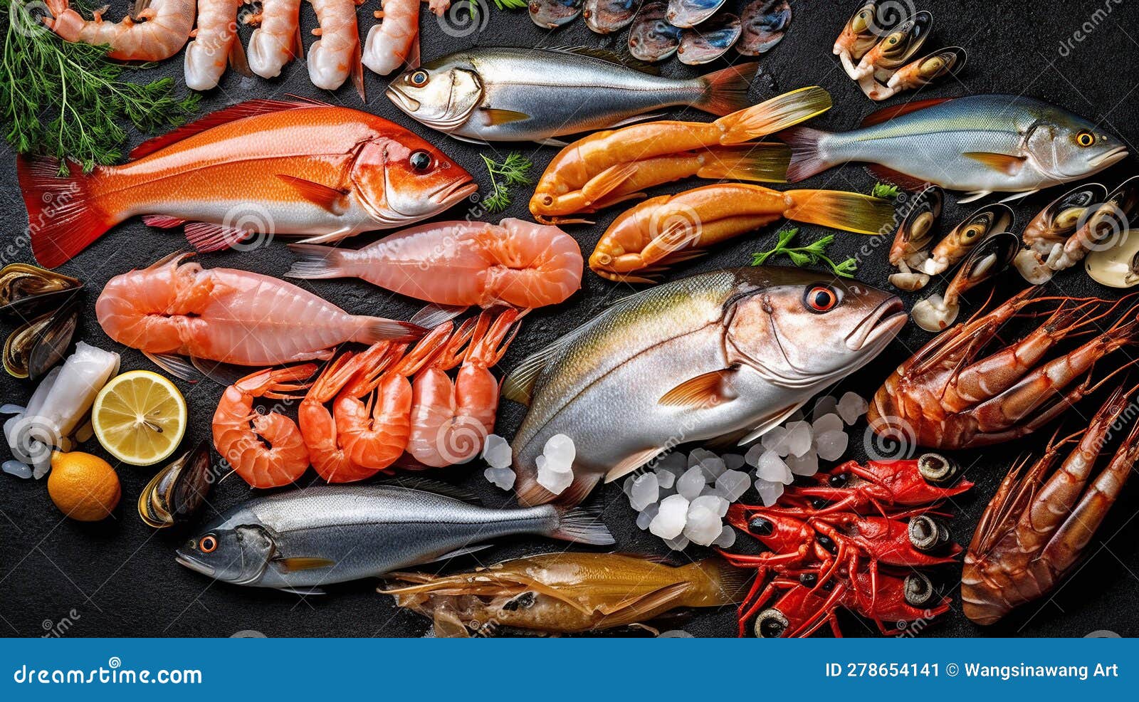 Fresh Fish and Seafood Assortment AI Generated Image Stock Illustration ...