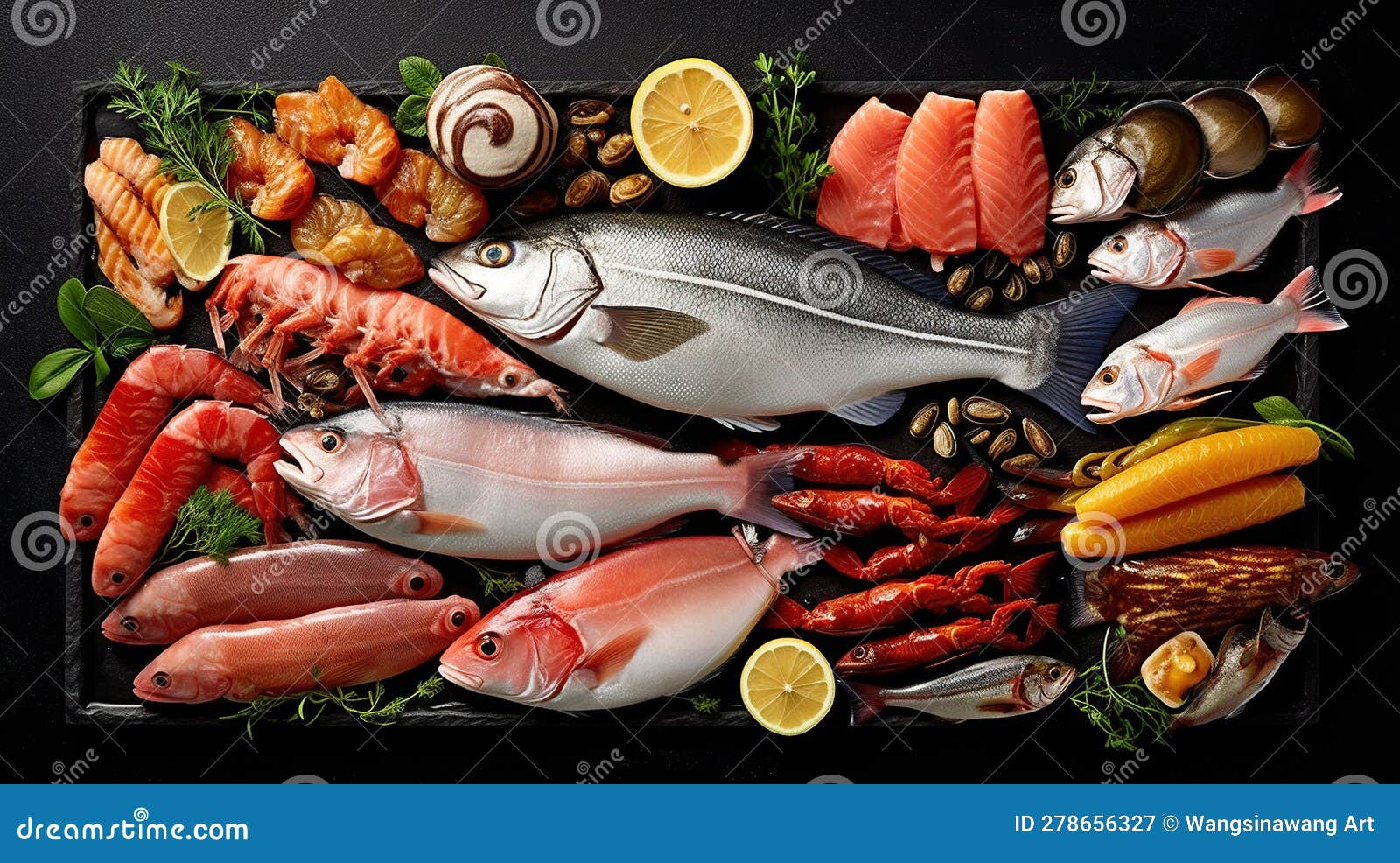 Fresh Fish and Seafood Assortment AI Generated Image Stock Illustration ...