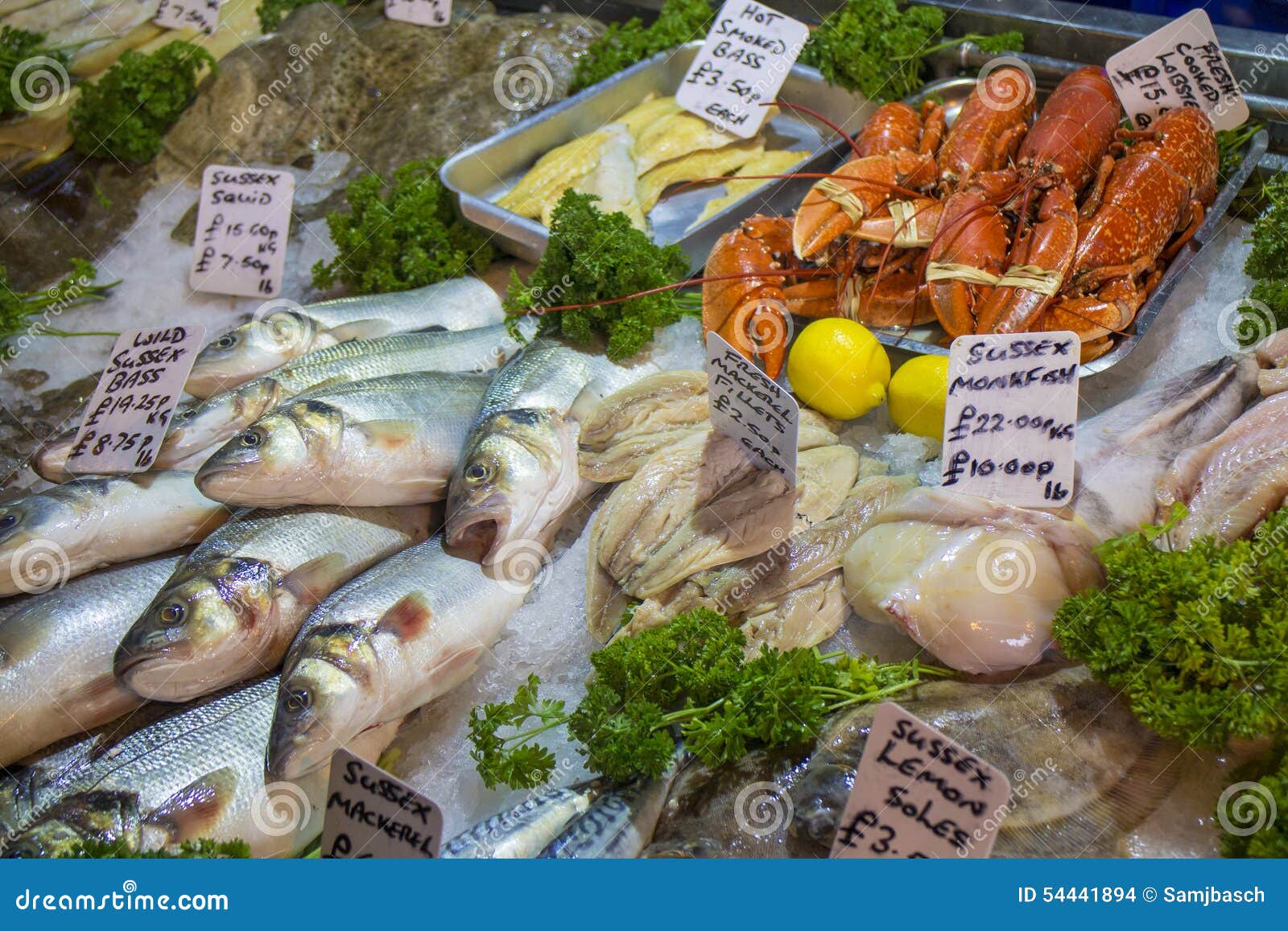 Fresh Fish and Seafood on Ice Stock Photo - Image of sole, cooking ...