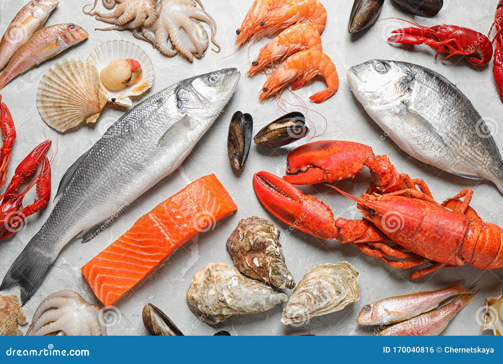 Fresh Fish and Seafood on Marble Table, Flat Lay Stock Photo - Image of ...
