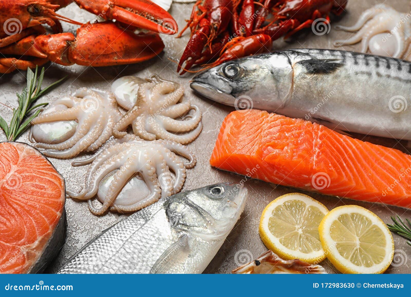 Fresh Fish and Seafood on Table Stock Photo - Image of cuisine, healthy ...