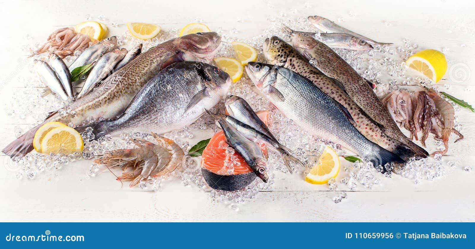 Fresh Fish and Seafood on White Wooden Background. Healthy Eating Stock ... Fresh Fish and Seafood on White Wooden Background. Healthy Eating Stock ...