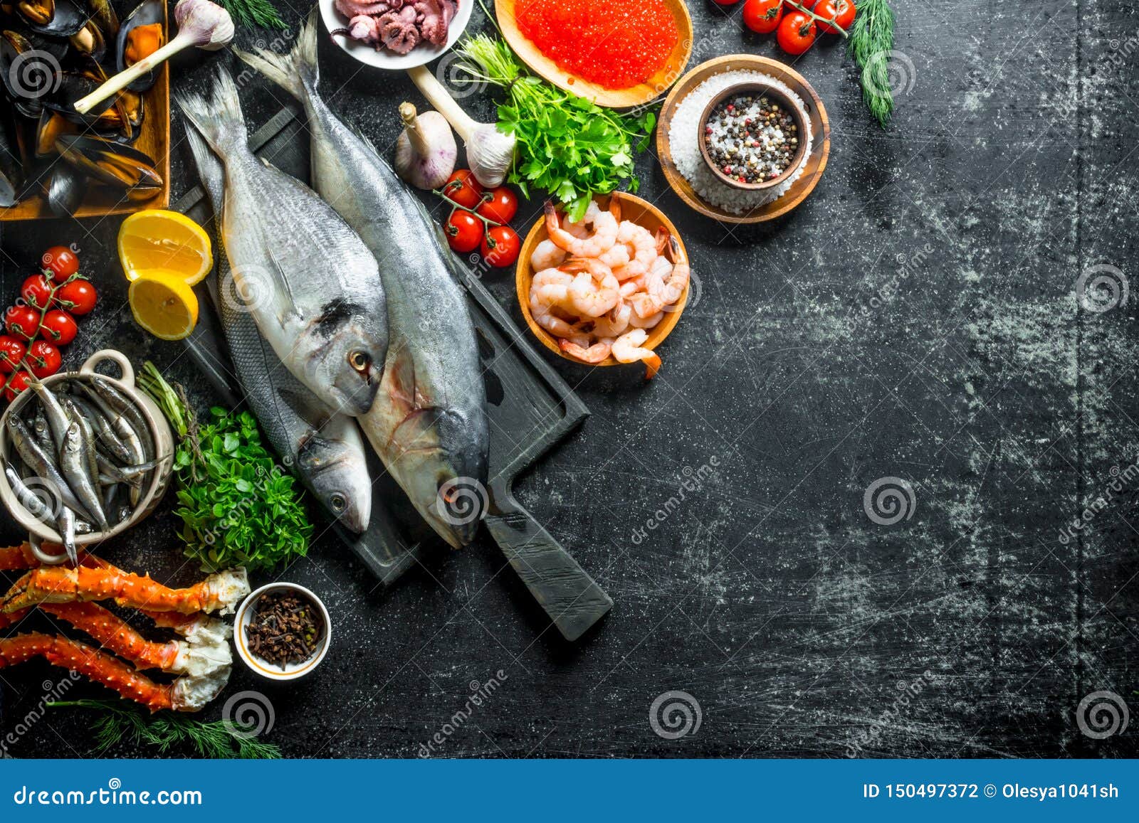 Fresh Fish with Shrimp, Crab and Herbs Stock Photo - Image of basil ...