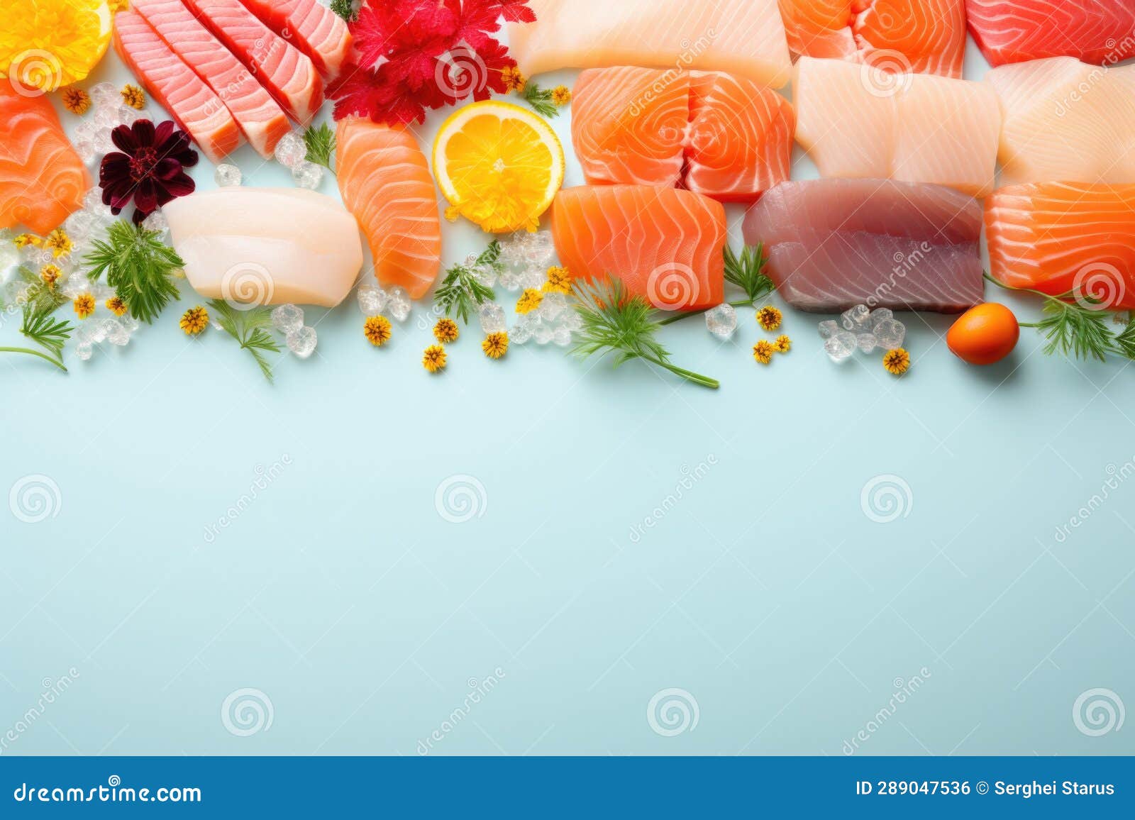Fresh Fish and Vegetables Arranged in a Border on a Blue Background, AI ...