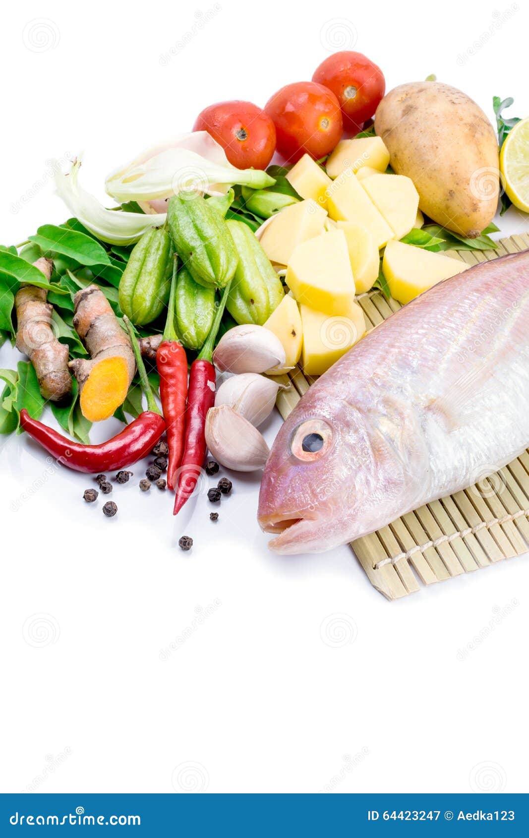 Fresh fish and vegetables stock image. Image of fishing - 64423247
