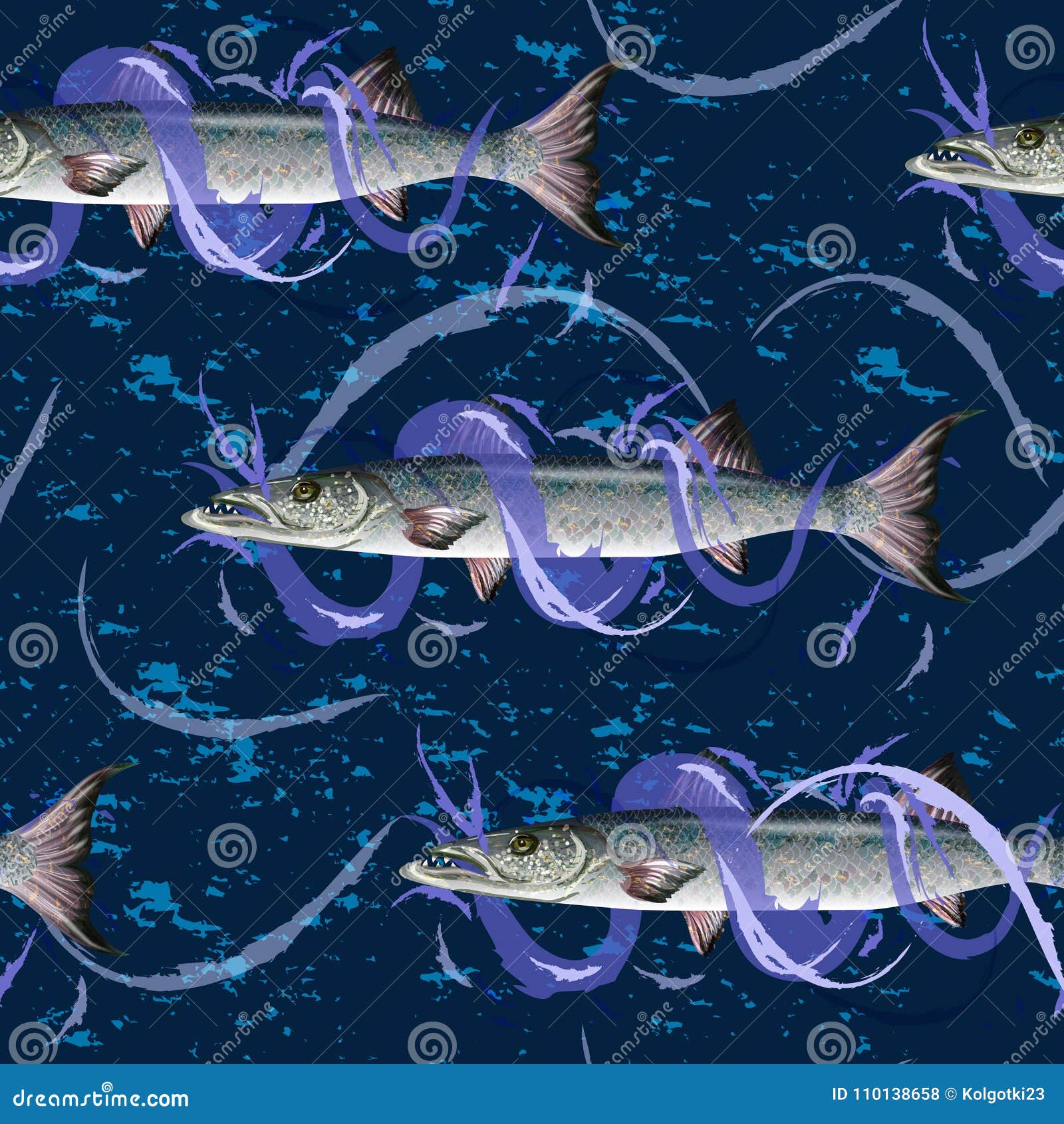 Fresh Fish with Waves Fish Seamless Pattern Vector Illustration. Stock ...