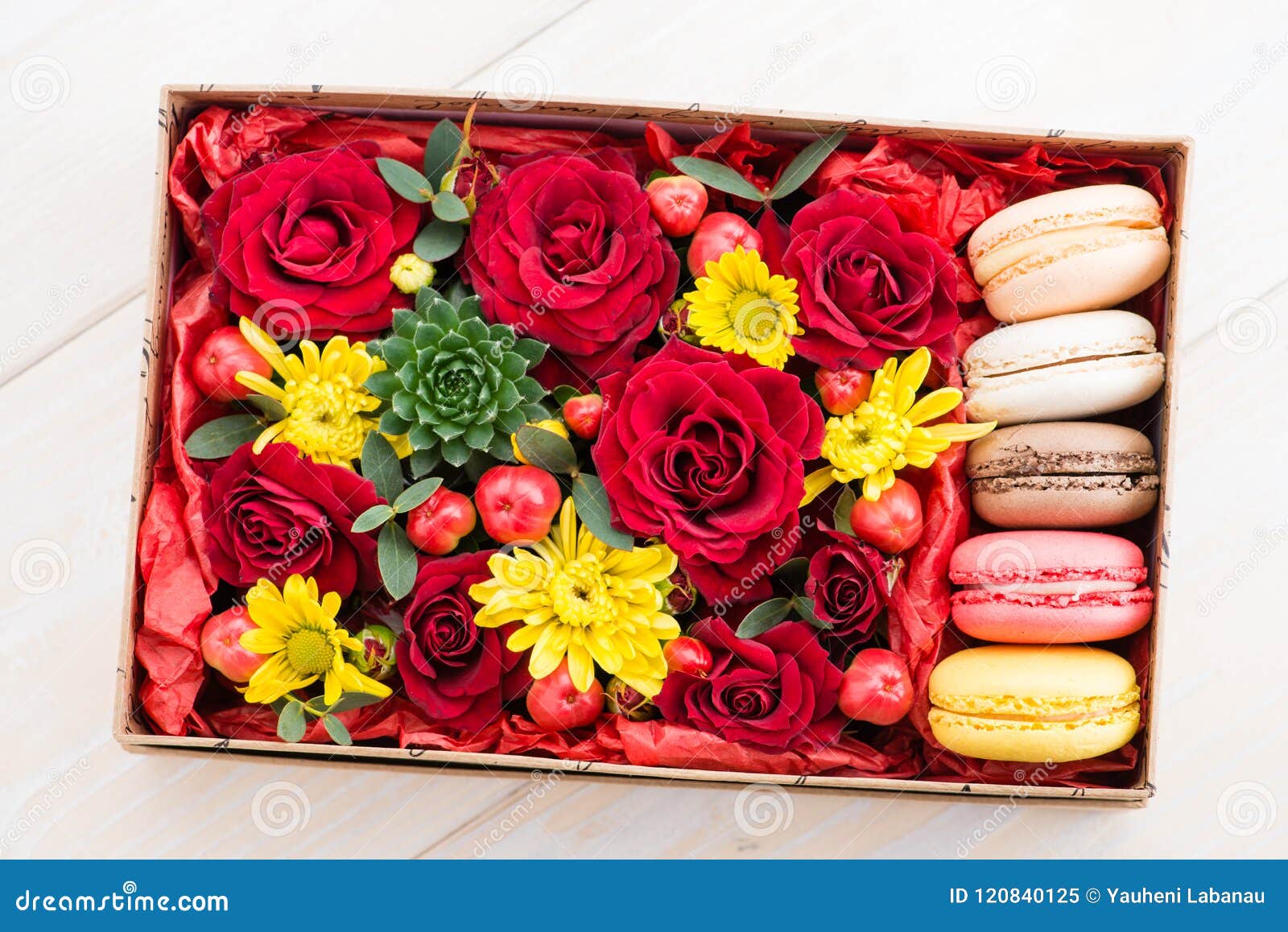 Fresh Flower in Box and Macaroon Stock Image - Image of colorful ...