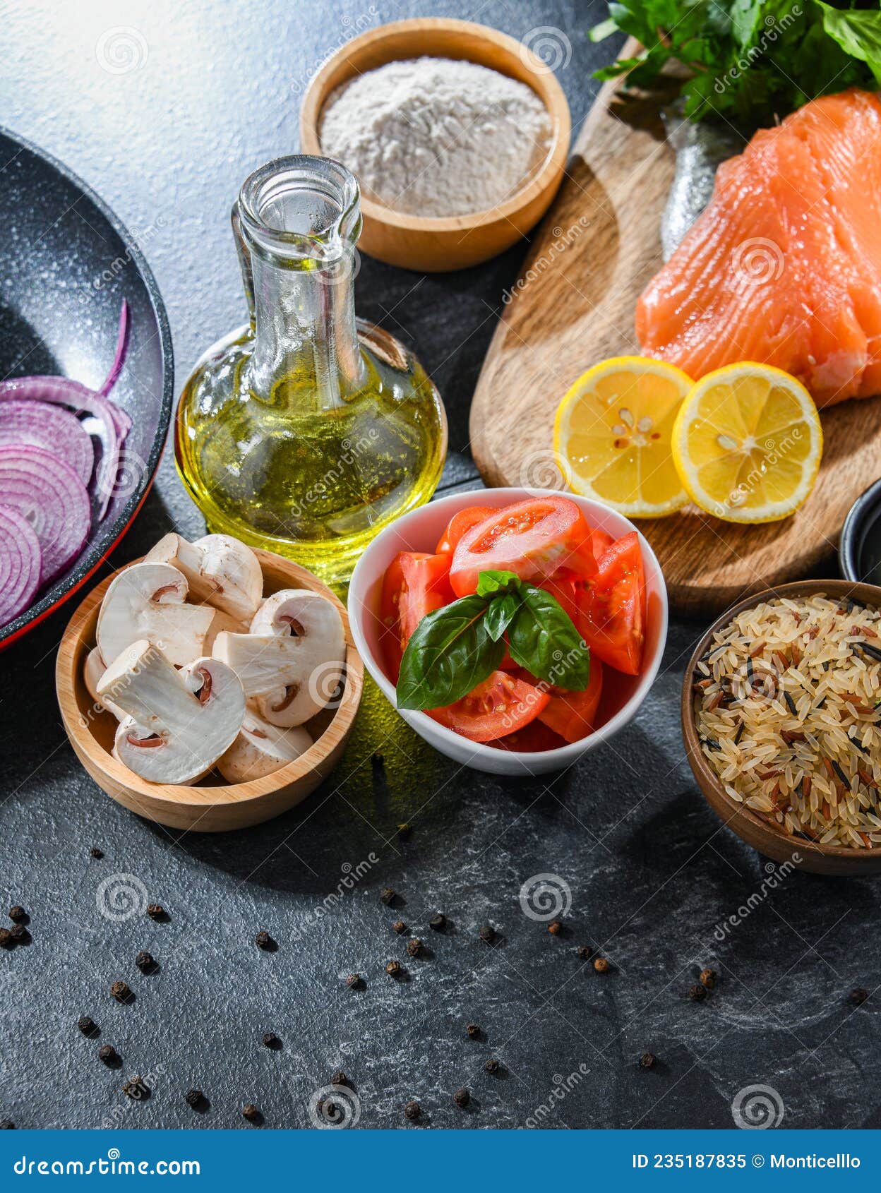 Fresh Food Ingredients Prepared for Cooking on a Kitchen Table Stock ...