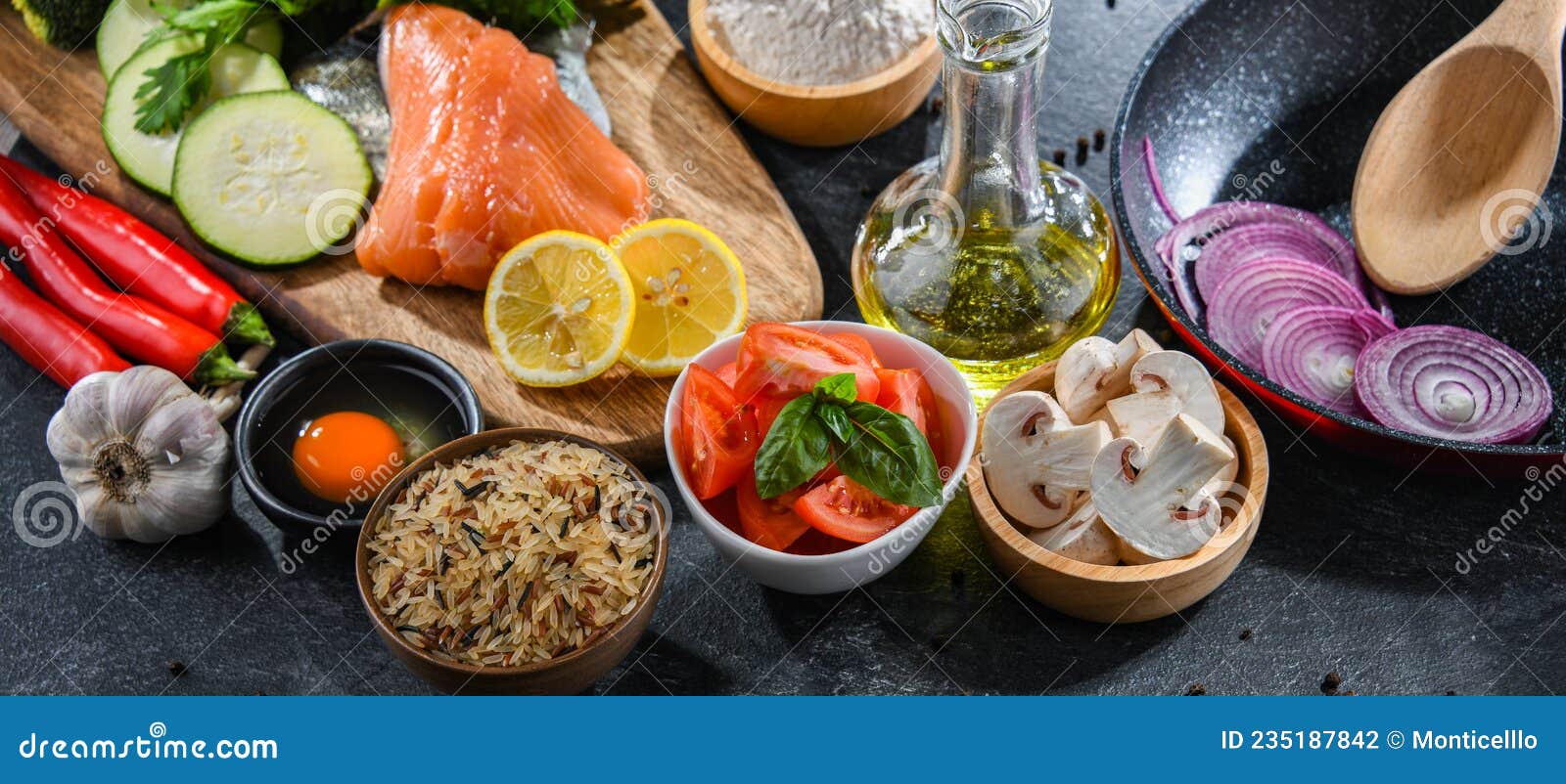Fresh Food Ingredients Prepared for Cooking on a Kitchen Table Stock ...
