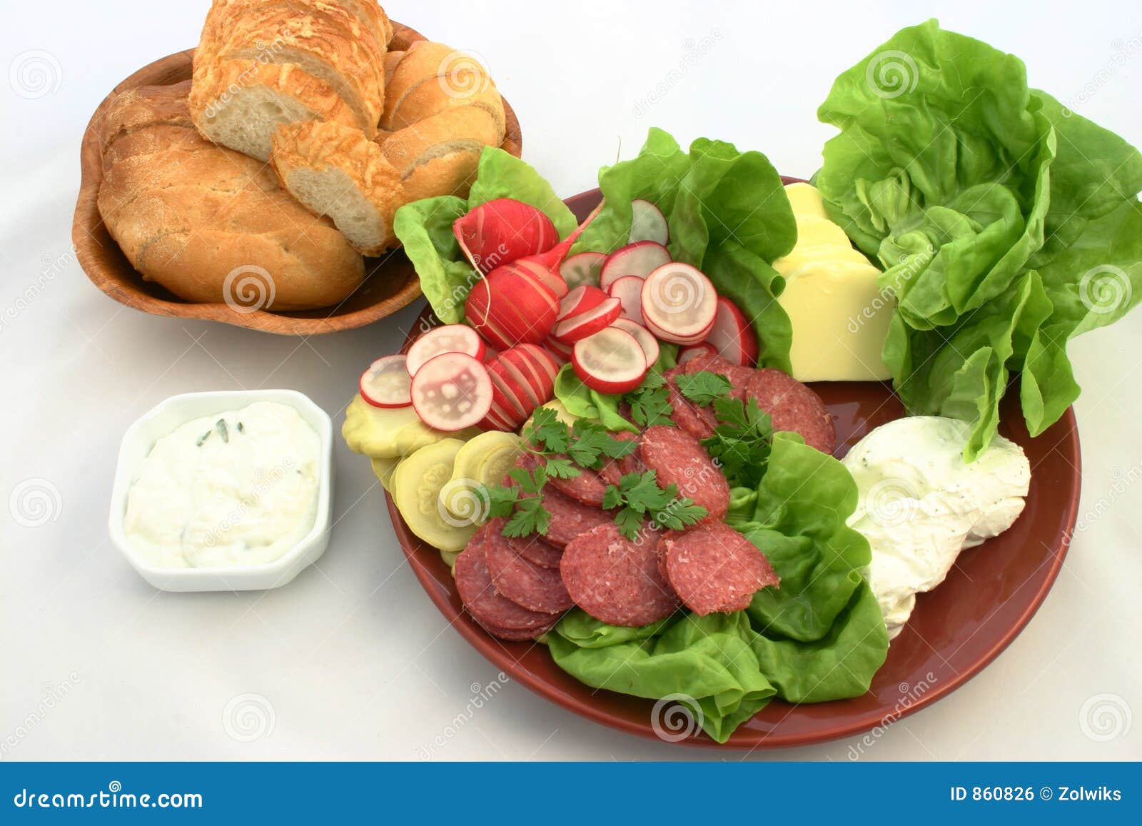 Fresh Food Plate with Rollbread Stock Photo - Image of porcelain, item ...