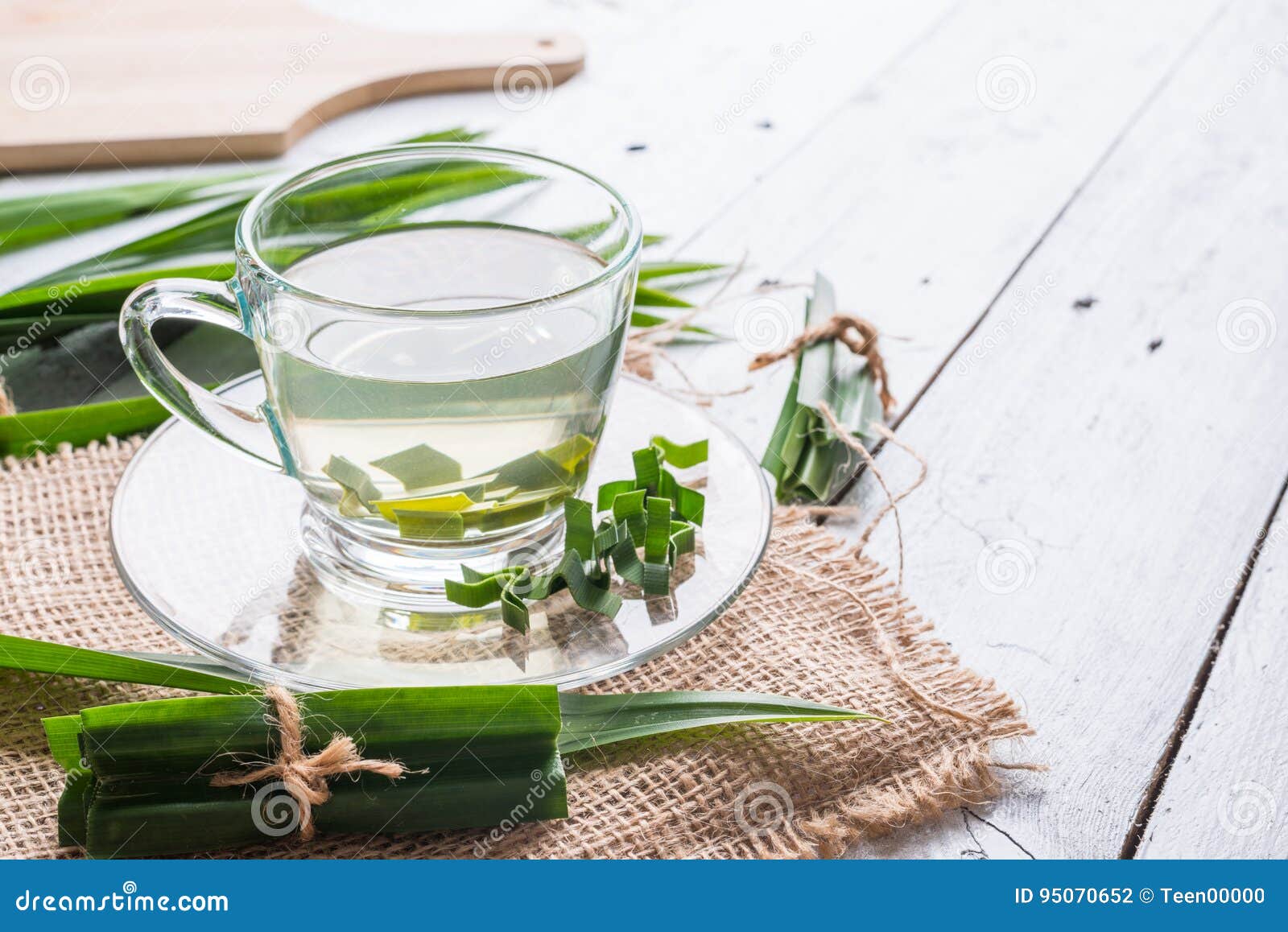 Fresh Fragrant Pandan Tea and Leaves on Wood Background Stock Photo ...