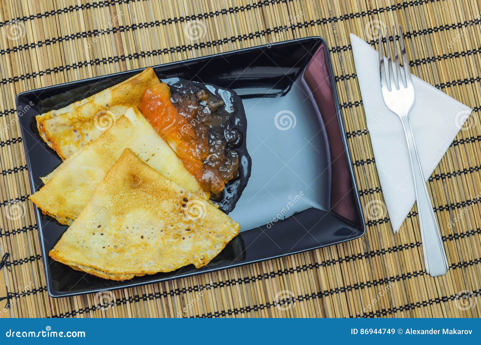 Fresh, Fried Pancakes on a Rectangular Plate, with Apple Jam Stock ...