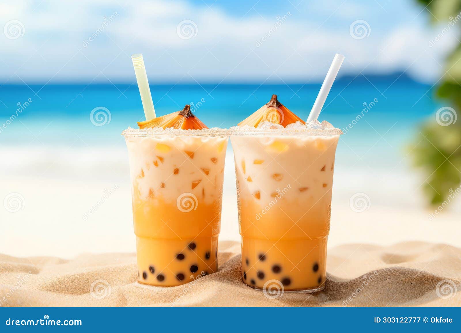 Fresh Fruit Bubble Tea with Tapioca Pearls on Sand of Paradise Beach ...