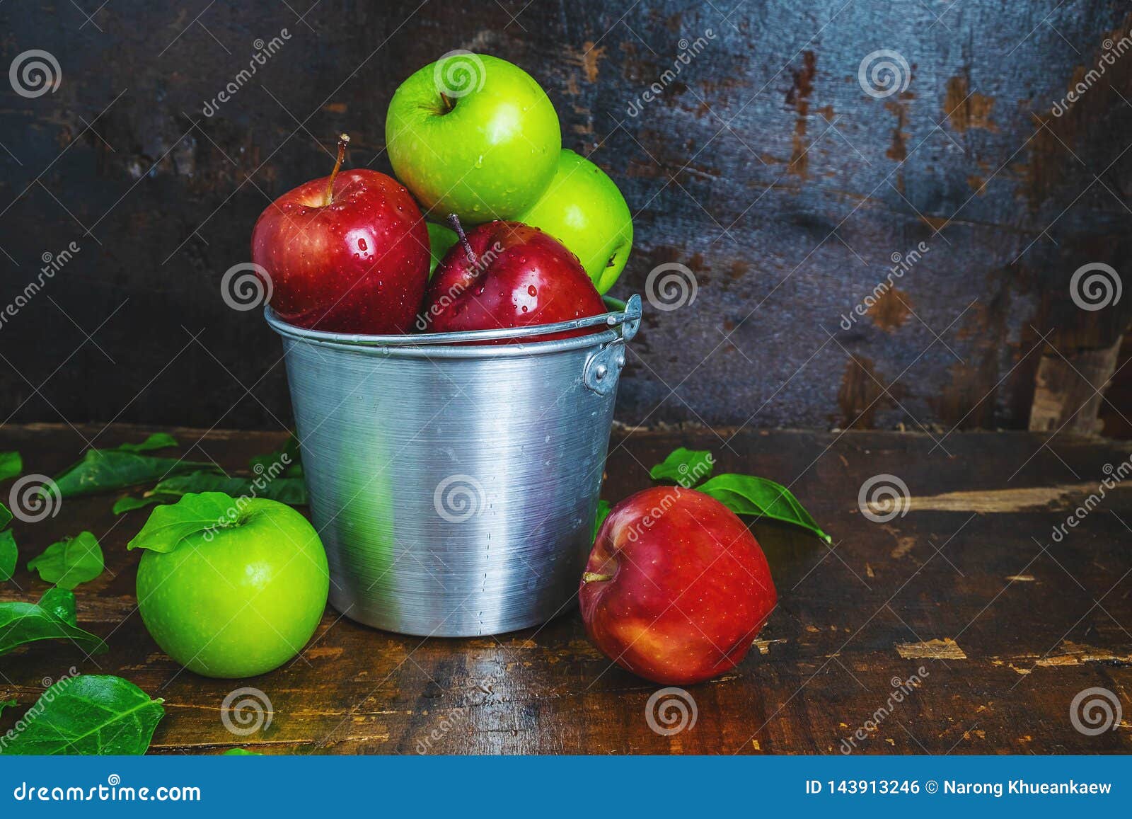 .Fresh Fruit, Green Apple and Red Apple in a Bucket Stock Photo - Image ...